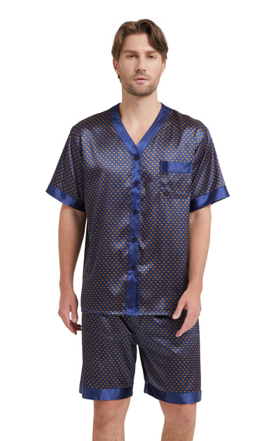 Men's Silk Satin V-Neck Pajama Set Short Sleeve-Navy and Golden Diamon ...