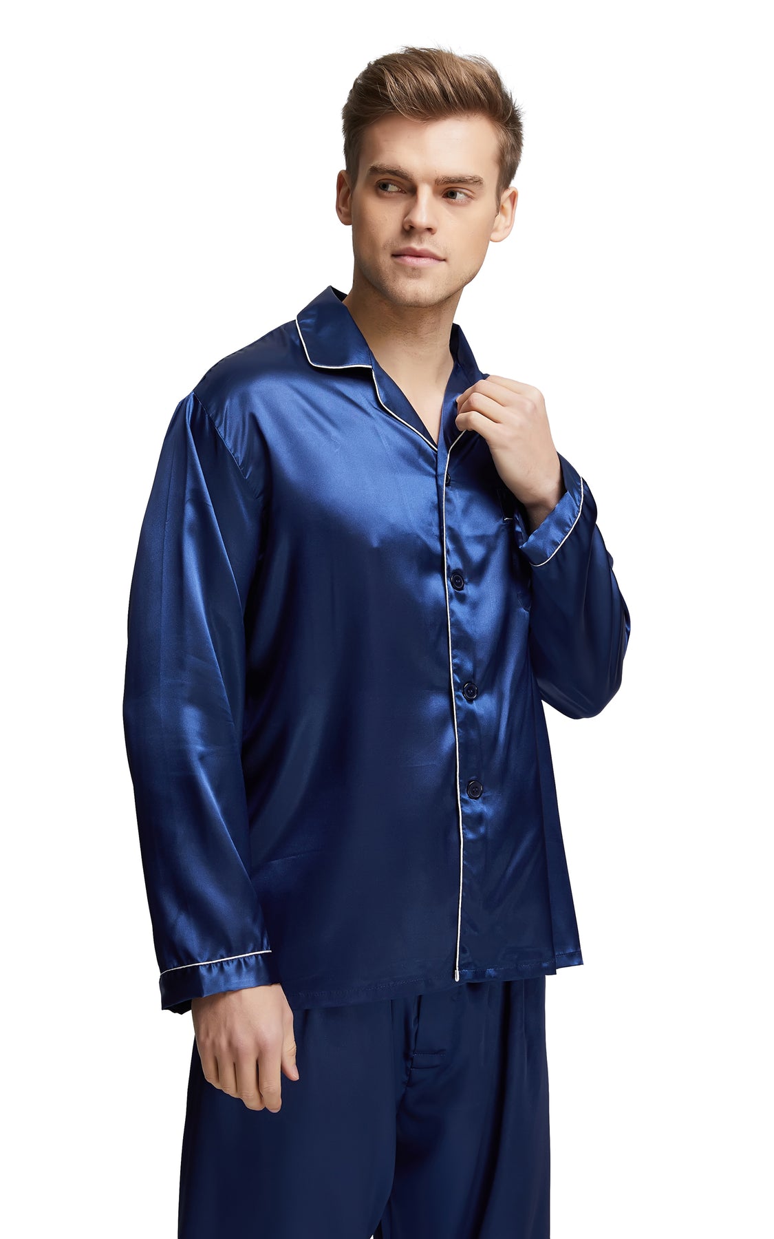Men's Silk Satin Pajama Set Long Sleeve-Navy Blue with White Piping ...