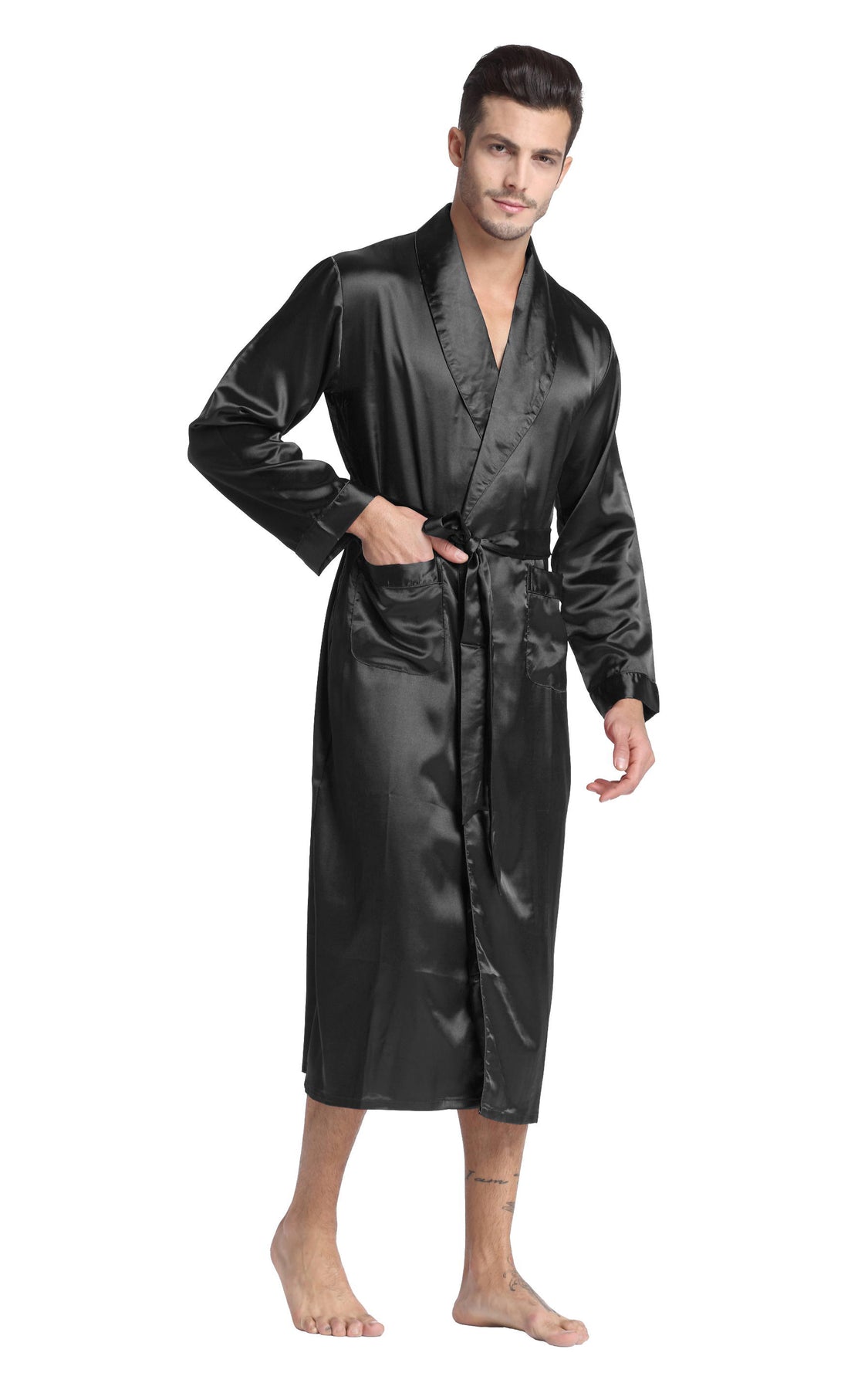 Men's Satin Long Robe with Shawl Collar-Black – Tony & Candice