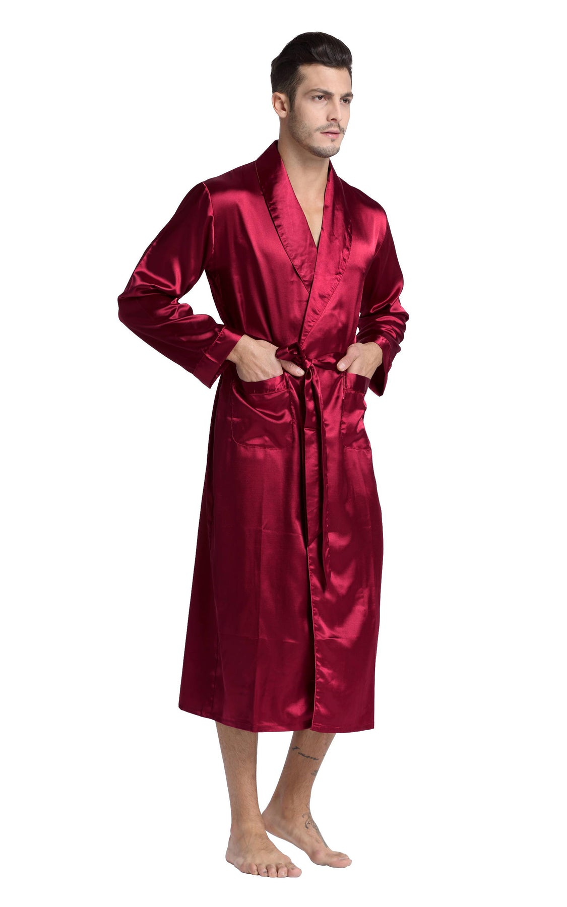 Men's Satin Long Robe with Shawl Collar-Burgundy – Tony & Candice