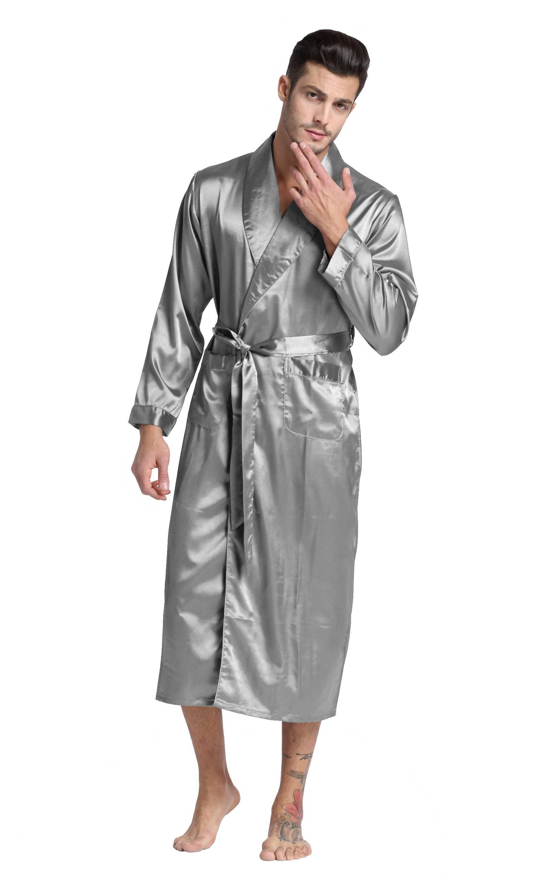 Men's Satin Long Robe with Shawl Collar-Gray – Tony & Candice