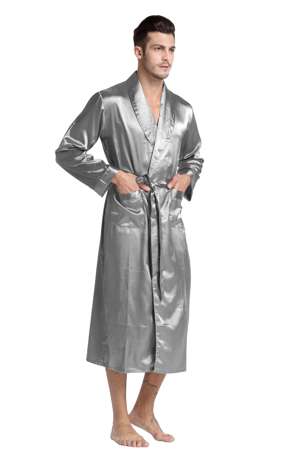 Men's Satin Long Robe with Shawl Collar-Gray – Tony & Candice