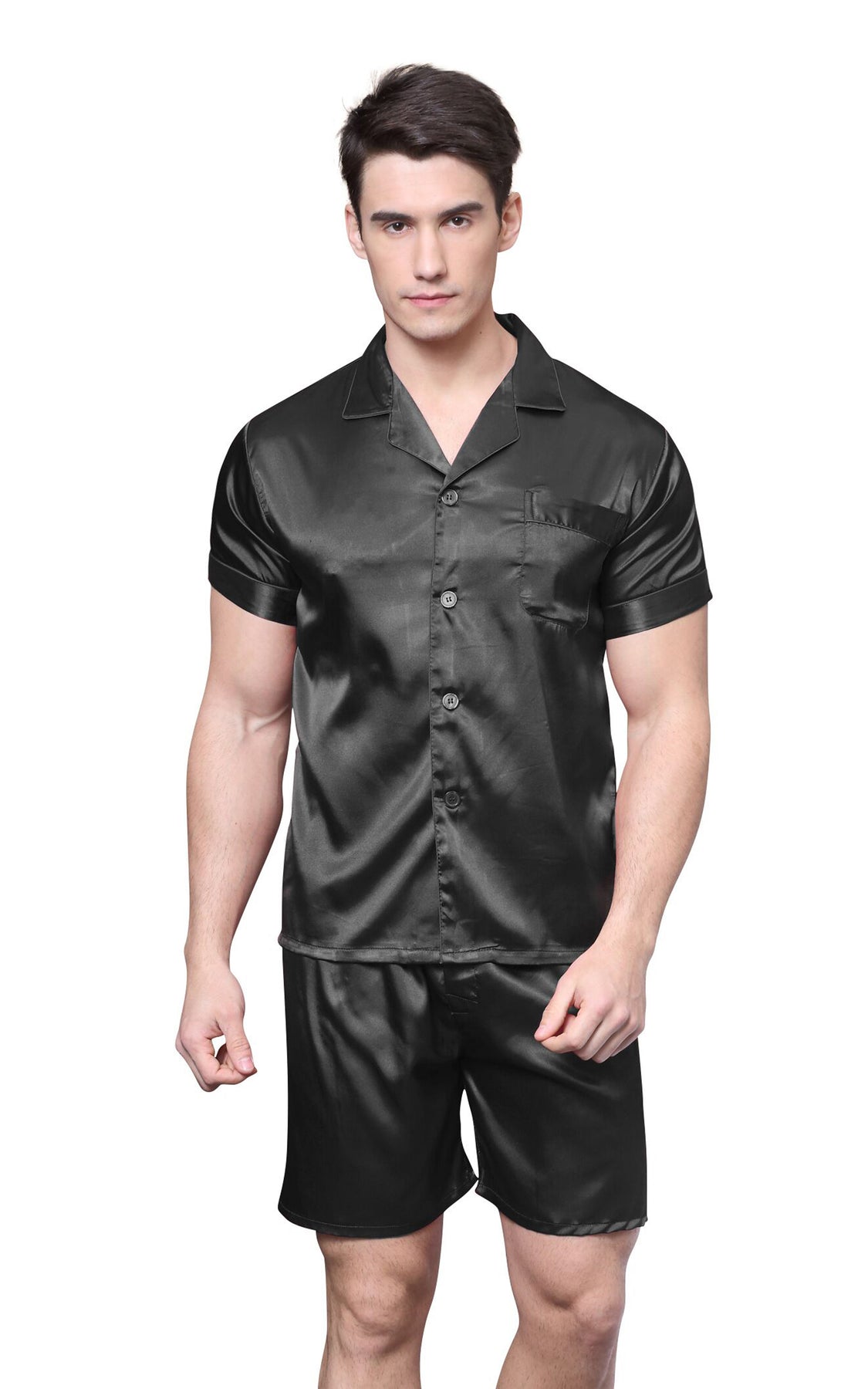 Mens Silk Satin Pajama Set Short Sleeve Black Tony And Candice