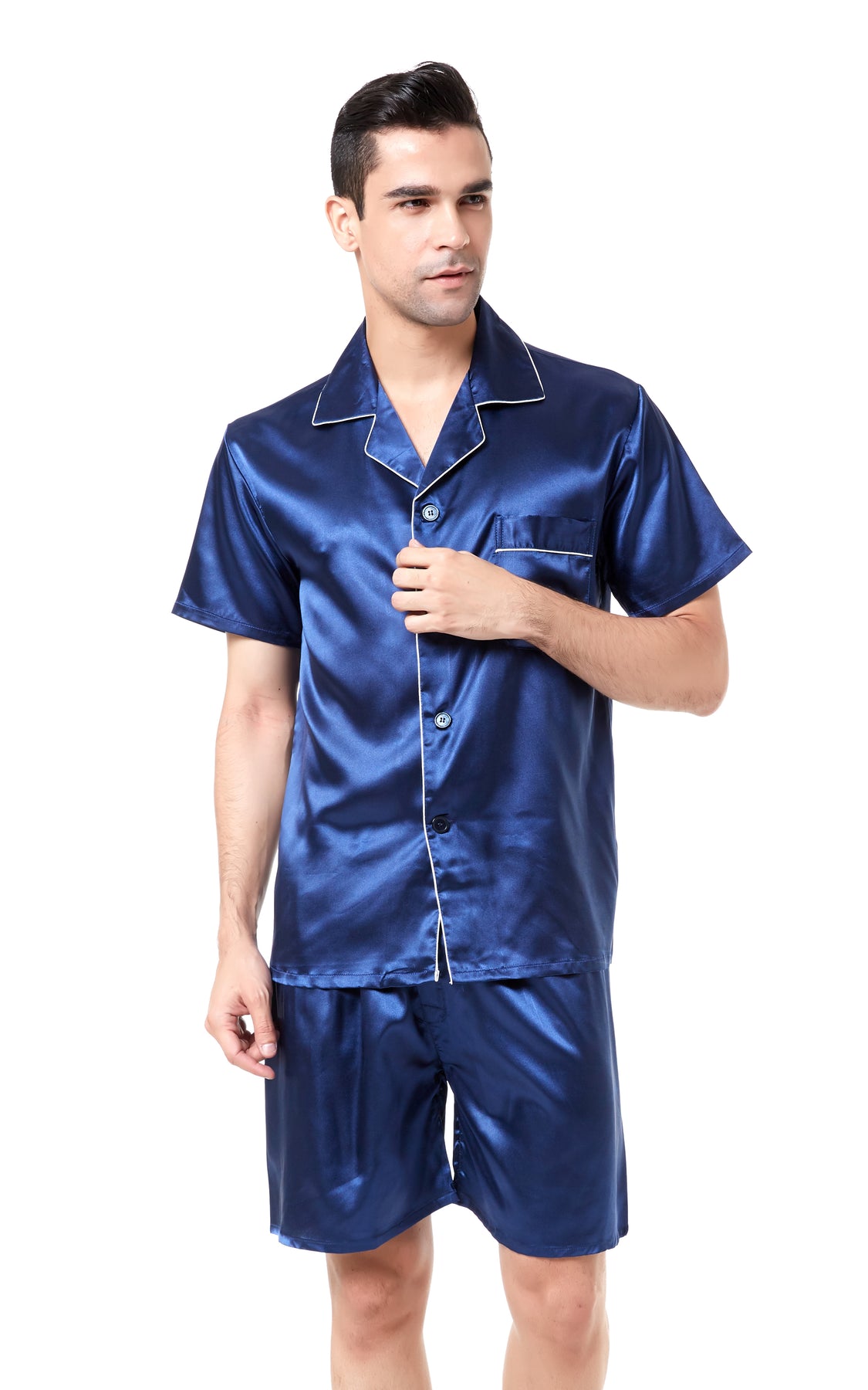 Men's Silk Satin Pajama Set Short Sleeve-Navy Blue with White Piping ...