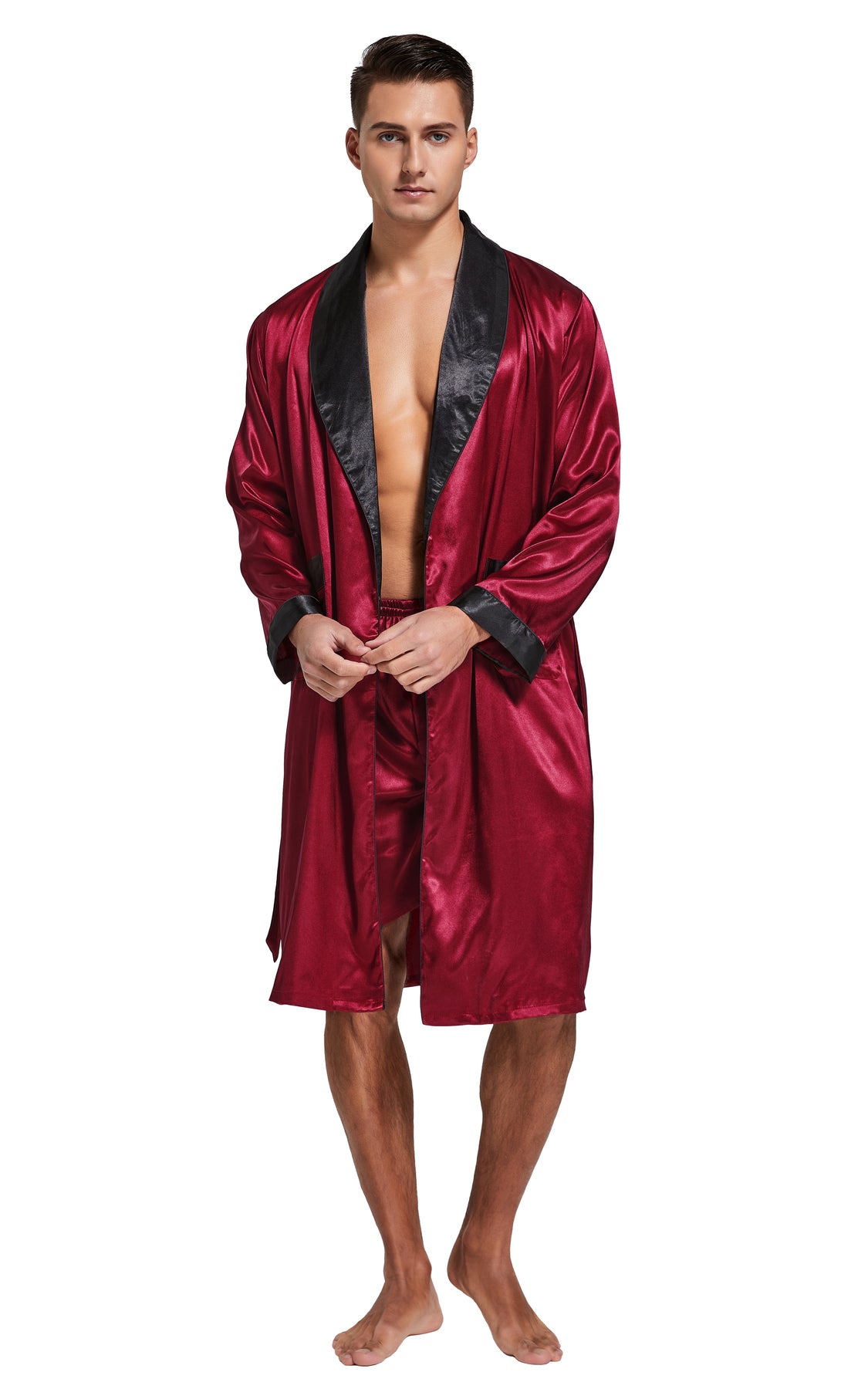 Men's Satin Long Sleeve Robe with Shorts Set-Burgundy with Black Colla ...