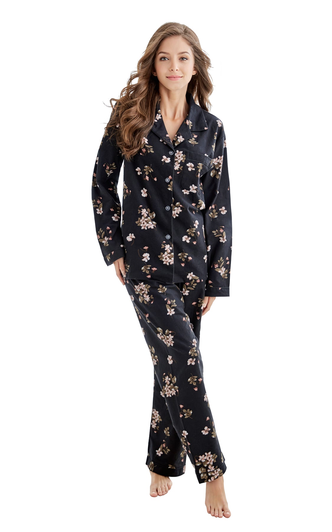 Women's Cotton Long Sleeve Flannel Pajama Set-Black Floral Print – Tony ...