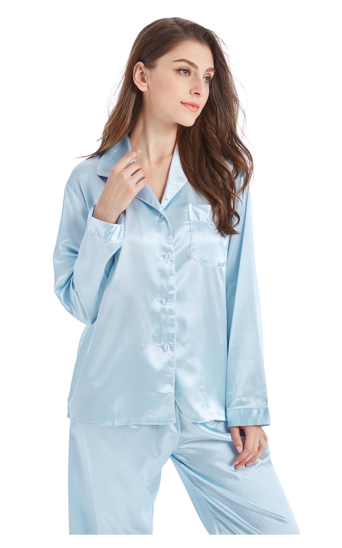 Women's Silk Satin Pajama Set Long Sleeve-Light Blue with White Piping ...
