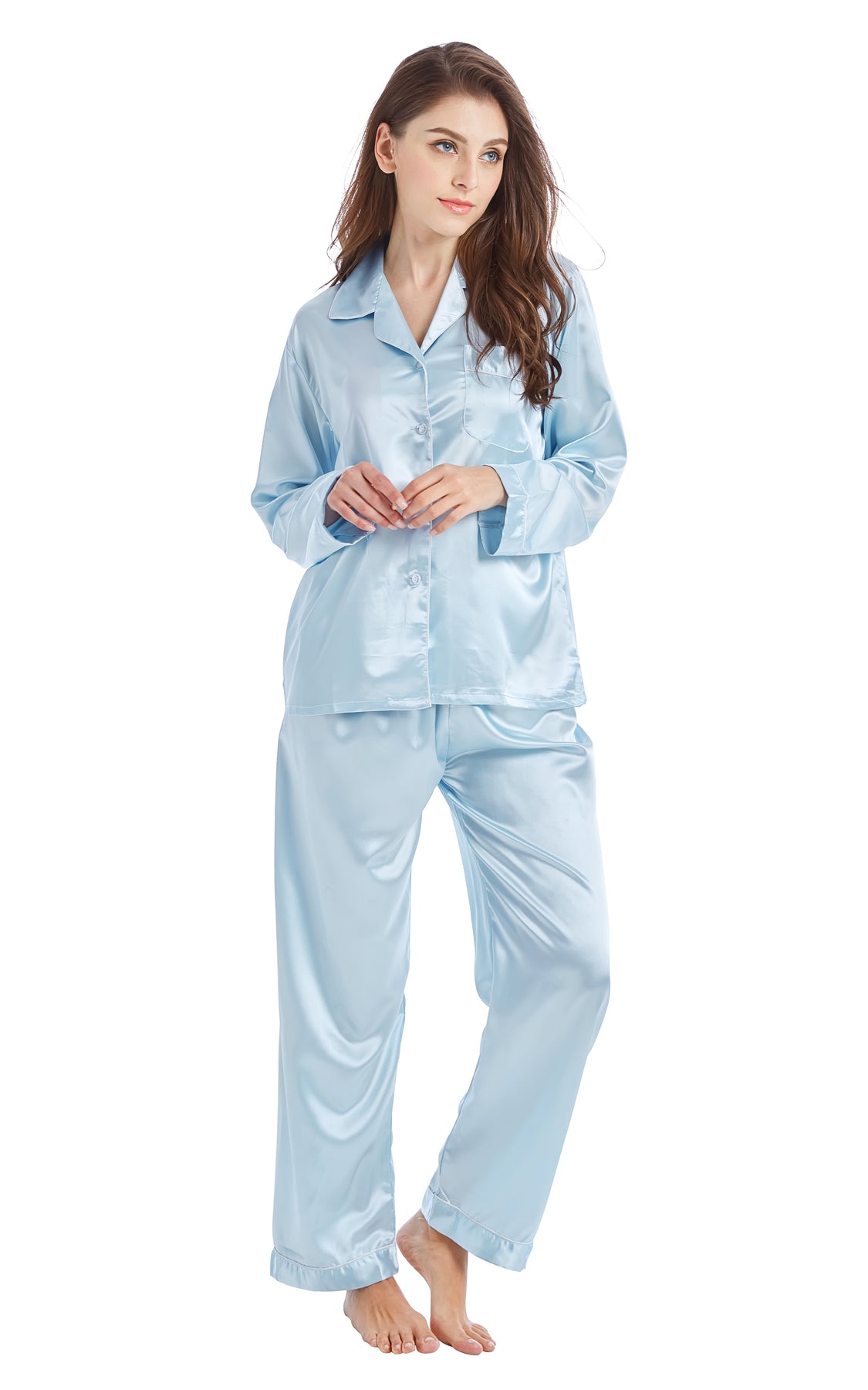 Women's Silk Satin Pajama Set Long Sleeve-Light Blue with White Piping ...