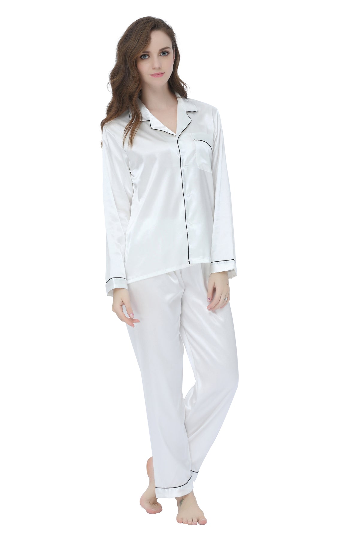 Women's Silk Satin Pajama Set Long Sleeve-White with Black Piping ...