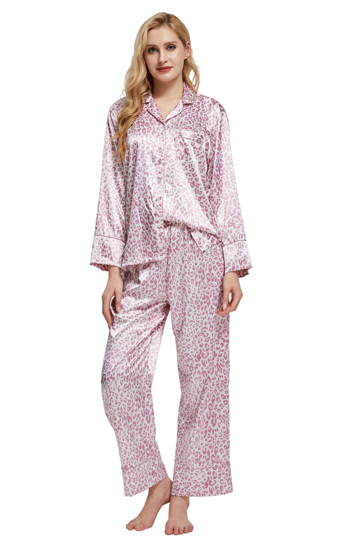 Women's Silk Satin Pajama Set Long Sleeve-Pink Leopard Print – Tony ...